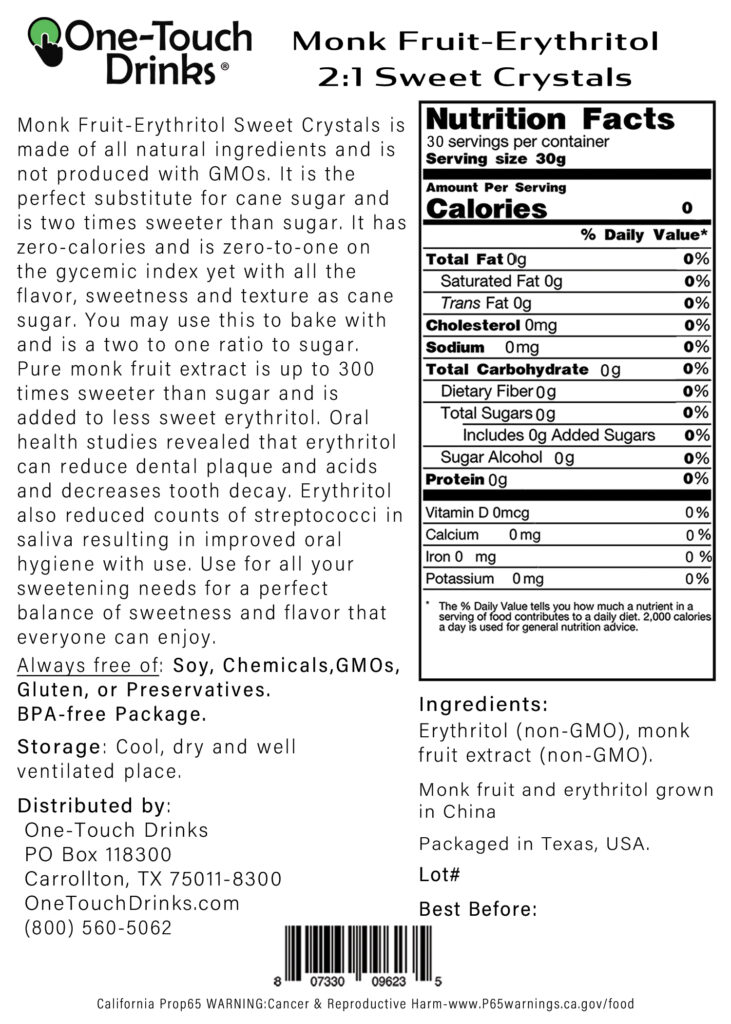 Monk Fruit-Erythritol 2:1 Sweet Crystals by One-Touch Drinks | One ...